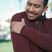 Shoulder injury, fitness and man hurt after outdoor workout, cardio ...