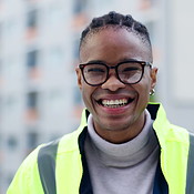 Happy black man, architect and city in construction, contracting or ...