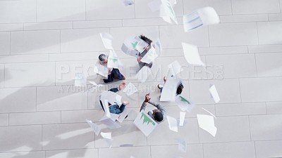 Documents, top view or excited business people throw paper into air in ...