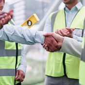 Engineering people, handshake and applause for construction meeting ...