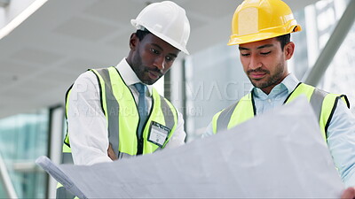 Architecture, people and blueprint planning, teamwork or thinking of ...