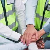 Construction team, hands stack and applause, mission and engineering ...