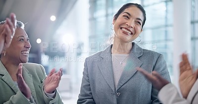 Happy business people, applause and group celebration for ...
