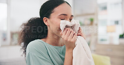 Clean laundry, woman smell and smile with fabric scent of blanket in a ...