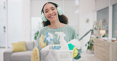 Cleaning, gloves and hygiene with hands of person in living room for ...