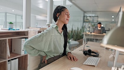 Woman, call center and back pain in stress, overworked or injury and ...