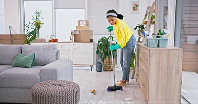 Woman, portrait and mop for cleaning in house for hygiene routine, dirt ...