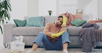 Housework, headache and woman cleaner on the floor, stress and ...