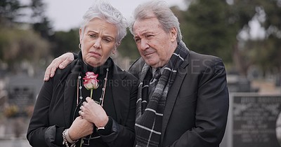Hand, rose and person at funeral, death and mourning at graveyard ...
