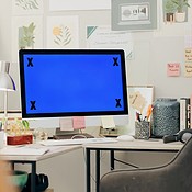 Office, monitor and computer with green screen, mockup and desktop ...