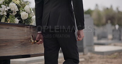 Coffin, hands and man walking at funeral ceremony outdoor with ...