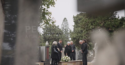 Hand, rose and person at funeral, death and mourning at graveyard ...