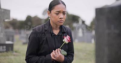 Sad woman, rose and graveyard in mourning, loss or grief at funeral ...