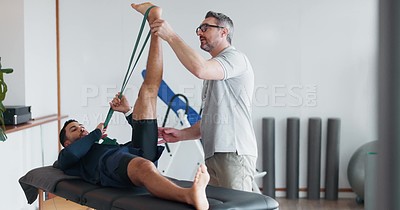 Strong, muscle and man or patient in physical therapy training with ...