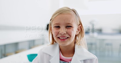 Science, child and happy with face and learning at school and education ...