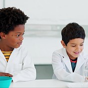 Learning, science and kids talking in class for project, test or ...