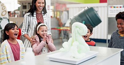 Science, teacher and chemistry experiment in classroom with excited ...