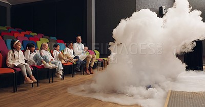 Applause, wow of teacher and science students learning in kindergarten ...