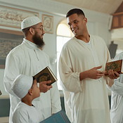 Islam, people and walking with Quran in mosque for religion, learning ...