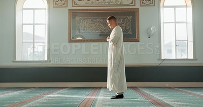 Muslim man, praying and mosque with faith, profile and mindfulness with ...