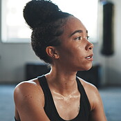 Tired, sweating and thinking with woman in gym for breathing, workout ...