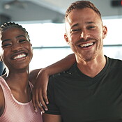 Gym face, team and happy for exercise, training and bodybuilder workout ...