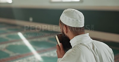 Muslim man, reciting quran and mosque with faith, reading and ...