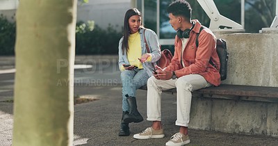 Outdoor bench, university campus and couple of friends with discussion ...