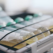 Closeup, science laboratory and shaker for test tubes, vibration plate ...