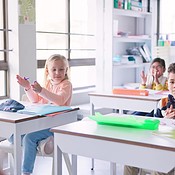 Class, presentation applause and speaker with celebration and cheering ...