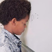 Math class, sad child at board for education, learning and problem ...