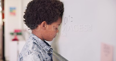 Math class, sad child at board for education, learning and problem ...