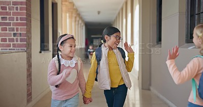 Happy, holding hands and friends with children. at school for education ...