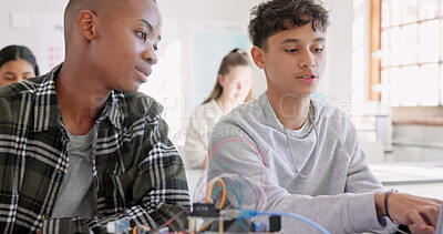 Robotics, education and students with laptop at school learning coding, future or programming ...