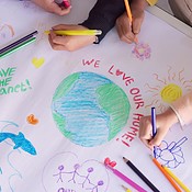 Kids in class, drawing and color from above for earth day, eco friendly ...