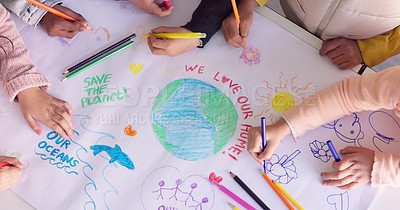 Children in classroom, drawing with color and art for earth day, eco ...