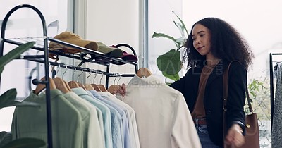 Fashion, shopping and product with woman in store for boutique, sale ...
