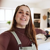 Kitchen selfie, woman face and influencer talking, live streaming ...