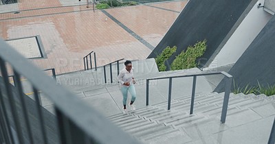 Fitness, challenge and woman running on stairs from above for training ...