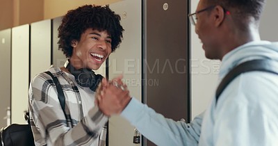 Handshake, flirting and students or friends in college campus laughing ...