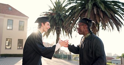 Happy people, student and handshake in graduation or celebration for ...