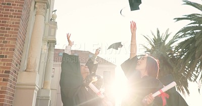 Happy group, students and hug in graduation, celebration or achievement ...