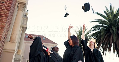 Happy people, friends and hug in graduation, celebration or success ...