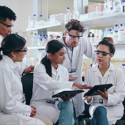 People, scientist and tablet in meeting, planning or research for ...
