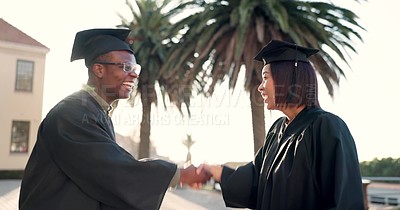 Happy friends, student and handshake in graduation or celebration for ...