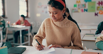 Student, education and writing test in classroom with focus for ...