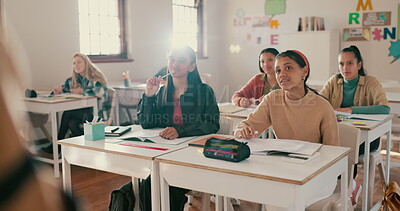 Learning, students and speaking in classroom with teacher and answer ...