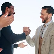 Handshake, hug and applause with a business team in celebration of a ...