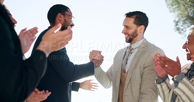 Handshake, hug and applause with a business team in celebration of a ...