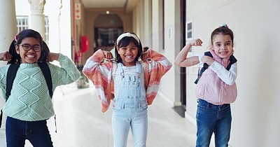 Strong, flexing muscle and children with happiness at school for growth ...